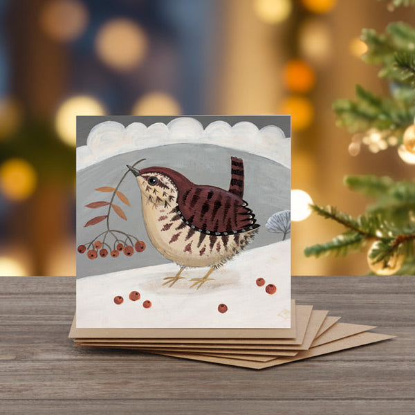 Winter Wren With Rowan - Set of 6 Christmas Note Cards with Message
